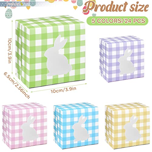 24 Pcs Easter Treat Boxes 5 Candy Colors Cardboard Box with Rabbit Bunny Shape Window Colorful Paper Easter Candy Box Easter Containers Cardboard Easter Cookie Basket Spring Easter Gift Boxes (Plaid)