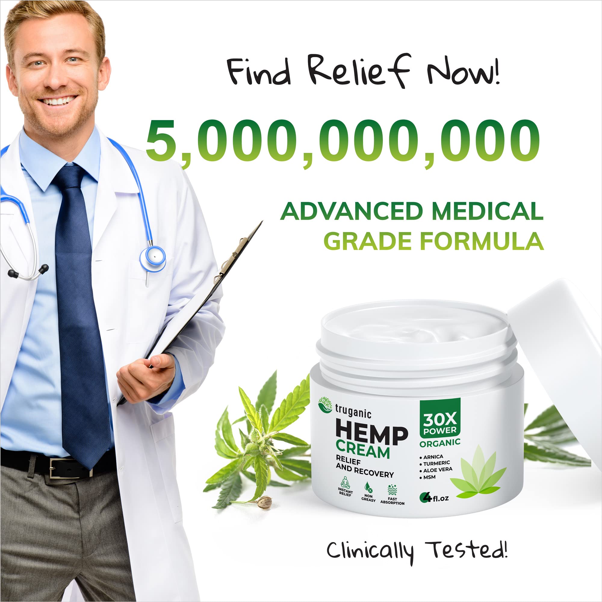 Truganic Premium Hemp Relief Cream 500,000,000-Powerful Soothing Hemp Cream for Back, Muscle, Joints, Skin Care