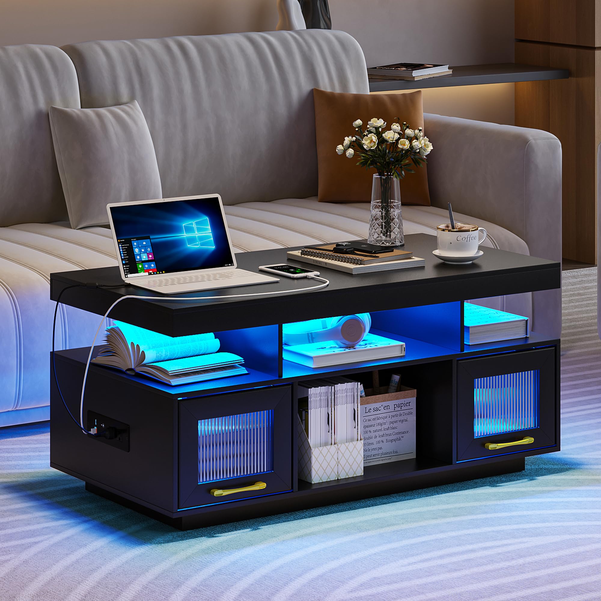 FOMNEY LED Coffee Table with Charging Station&4 Storage Spaces, Modern Coffee Tables with Auto 3 Color Lights, Center Tea Table with Acrylic Door, Black Coffee Table for Living Room