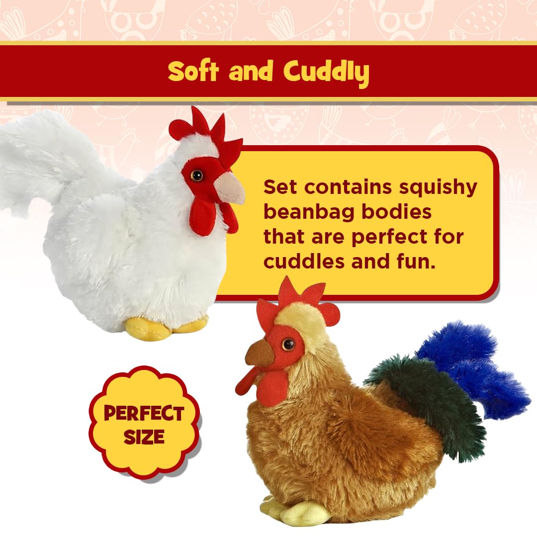 Aurora Mini Flopsie Bundles Bundle of 2 6 Floppy Beanbag Chicken & Rooster Stuffed Animals - New Chicken & Cocky Rooster, Multicolor