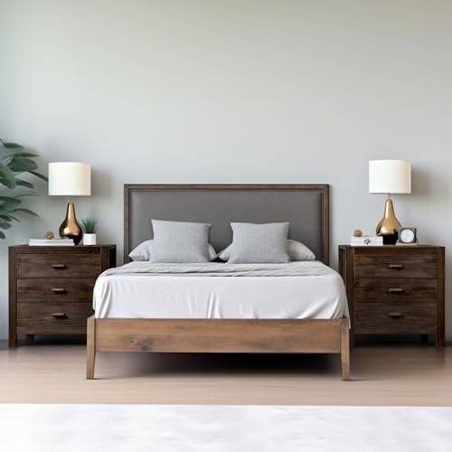 Karl home Farmhouse Nightstand with Charging Station, Solid Pine Wood 3 Drawer Night Stands for Bedroom, Bedside Table with 2 USB Ports & 2 AC Outlets, Vintage End Tables, Brown