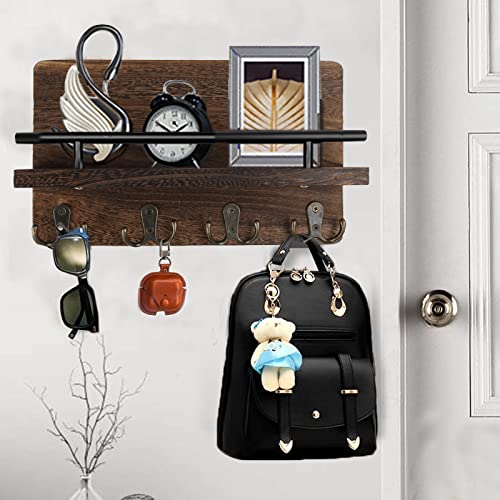 AIVIIN Key Holder for Wall Mail Organizer Wall Mount with 4 Double Key Hooks, Mail Holder Wall Mount with Shelf, Rustic Home Decor for Entryway Mudroom Hallway Office (13.78β X 11.02β X 3.15β) (Brown)