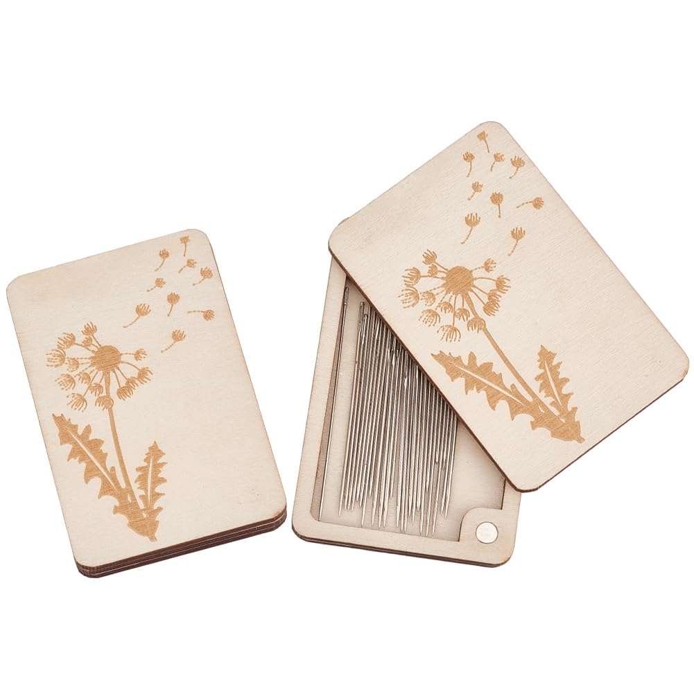 AHANDMAKER 2 pcs Wooden Needle Box Sewing Needle Storage Box Sewing Pins Organizer with Dandelion Print For Quilters, Sewers, Tailors, Antique White,3.15"x1.97"x0.14"