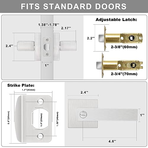 6 Pack Square Door Lever Privacy Door Lock Handleset, Keyless Lockset Door Knobs Interior Door Knobs Storage Room Bathroom Set Reversible Keyless Flat Levers in Satin Nickel