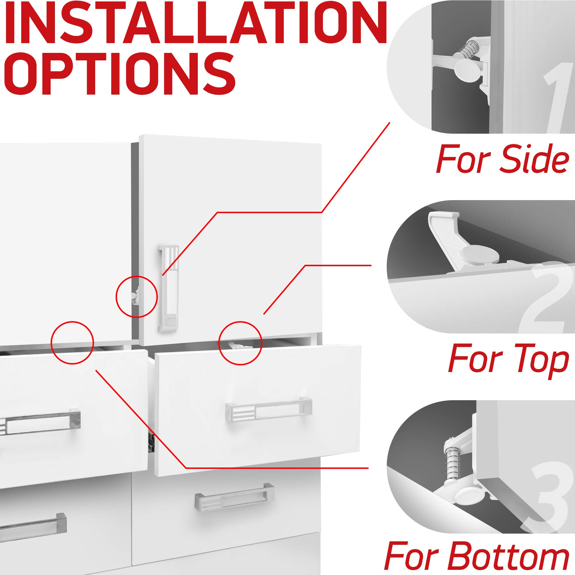 Cabinet Locks for Babies - Child Safety Latches 10 Pack - Invisible Adhesive Baby Proofing Drawer Locks - Works with Most Cabinets and Drawers - No Drilling Installation - (White)
