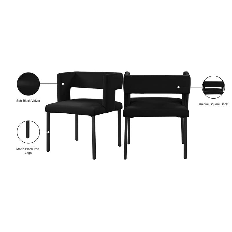 Meridian Furniture Caleb Collection Modern | Contemporary Upholstered Dining Chair with Unique Squared Back and Sturdy Iron Legs, Set of 2, 23" W x 21" D x 30" H, Black Velvet, Matte Black