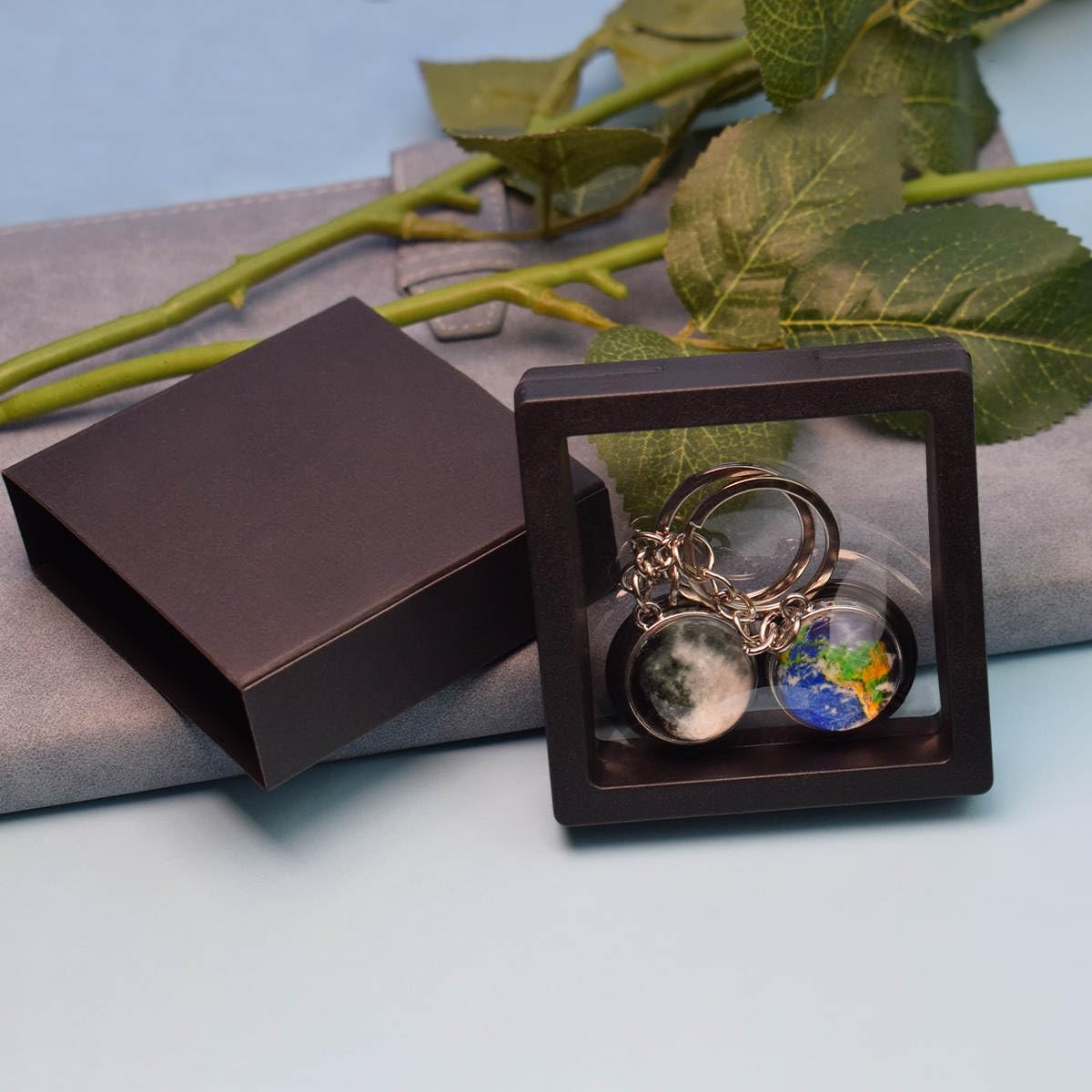 2 Pcs Glow In The Dark Keychain - Earth and Moon Keychains With Gift Box Luminous Accessories Pendant Cute Small Globe Space Galaxy Fun Unique Llaveros Key chain for Men & Women Gift For Loved Once