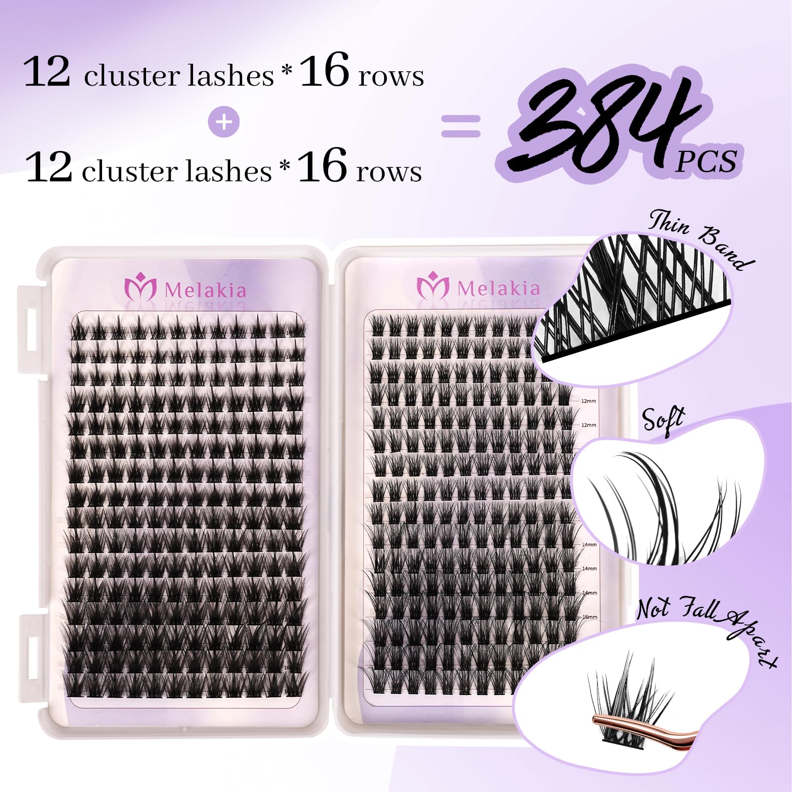 384 Pcs Cluster Lashes, Melakia 2 Style DIY Eyelash Extensions Mix 10-16mm, Thin Band Lash Clusters, Mega Soft Individual Cluster Lashes at Home (Wispy and Natural D Mix 10-16mm)
