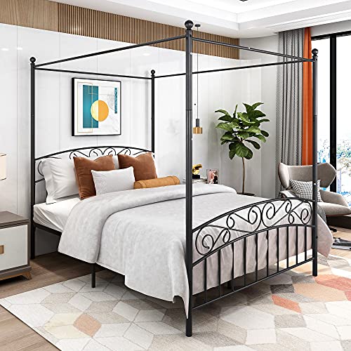 USIIN Queen Size Metal Canopy Bed Frame with Headboard and Footboard Black