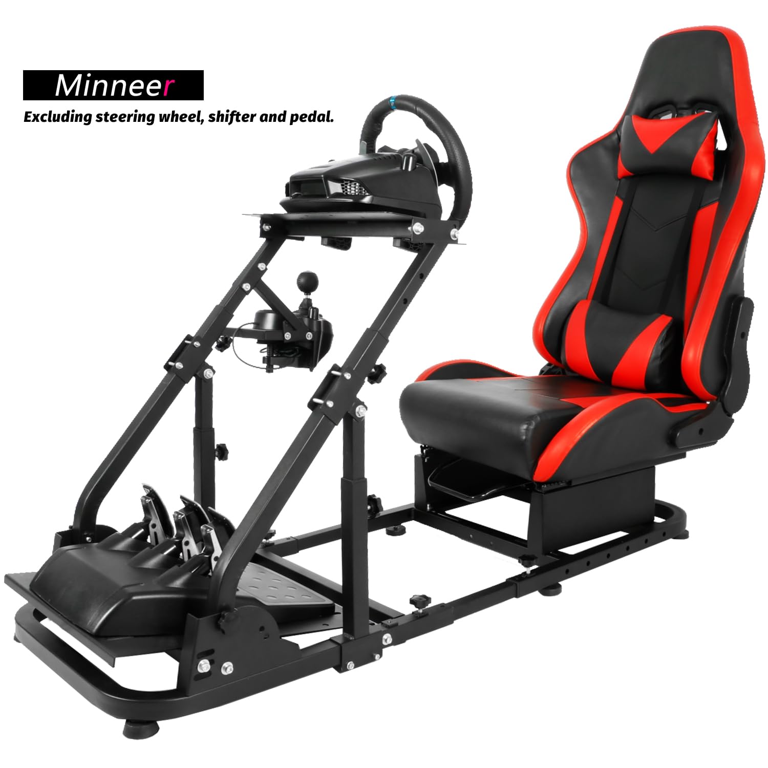 Minneer Immersion Racing Simulator Cockpit/with Red&Black Seat/Fit for Thrustmaster,FANTEC,logitech G25,G29,G92,G923 /Height Adjustable Gaming Steering Wheel Stand/Wheel&Pedals Not Included