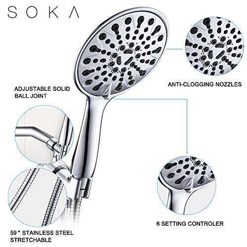 SOKA High Pressure Shower Heads with 6 Spray Setting Massage Spa 6" Showerhead with Handheld Shower Head with Extra Long Hose 59 Inches(5 Feet)And Adjustable Bracket Chrome