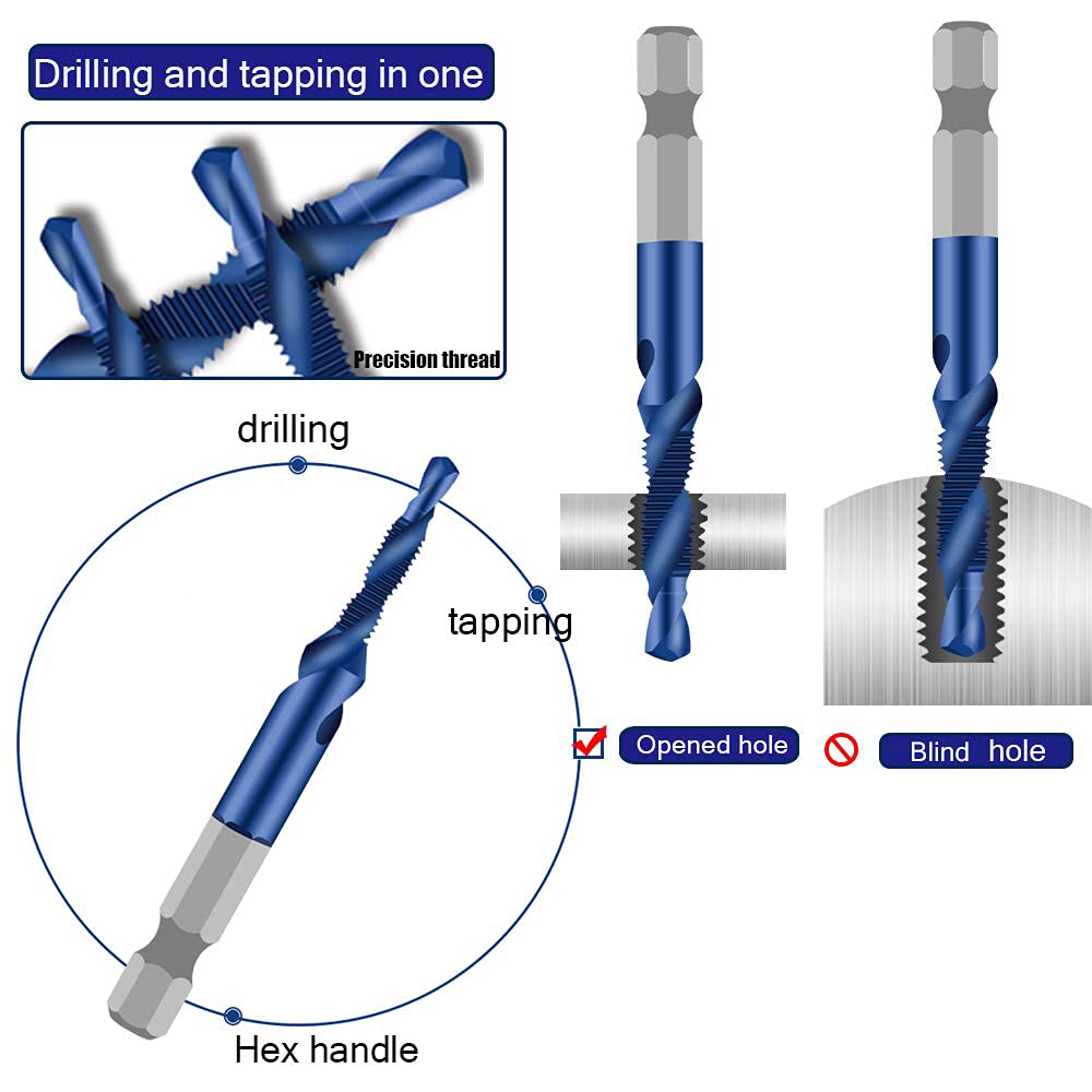 6 Packs Combination Drill & Taps Bit Set, Screw Tapping in 6 Sizes Metric Thread M3 M4 M5 M6 M8 M10 with Nano Blue Coating, Hex Shank