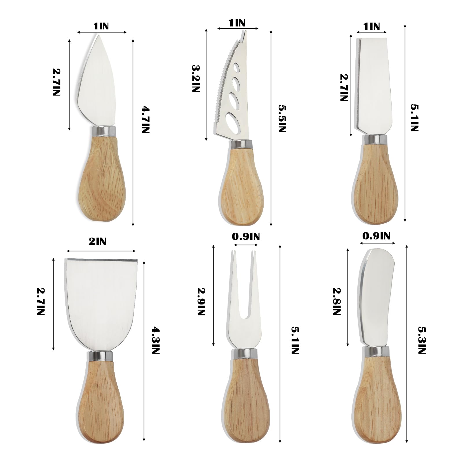 6 Pcs Cheese Knives Set, Cheese Knives with Cheese Slicer Cheese Cutter Cheese Fork, Stainless Steel Cheese Spreading Knife for Charcuterie Boards and Cutlery Gift Set(Oak Handle)