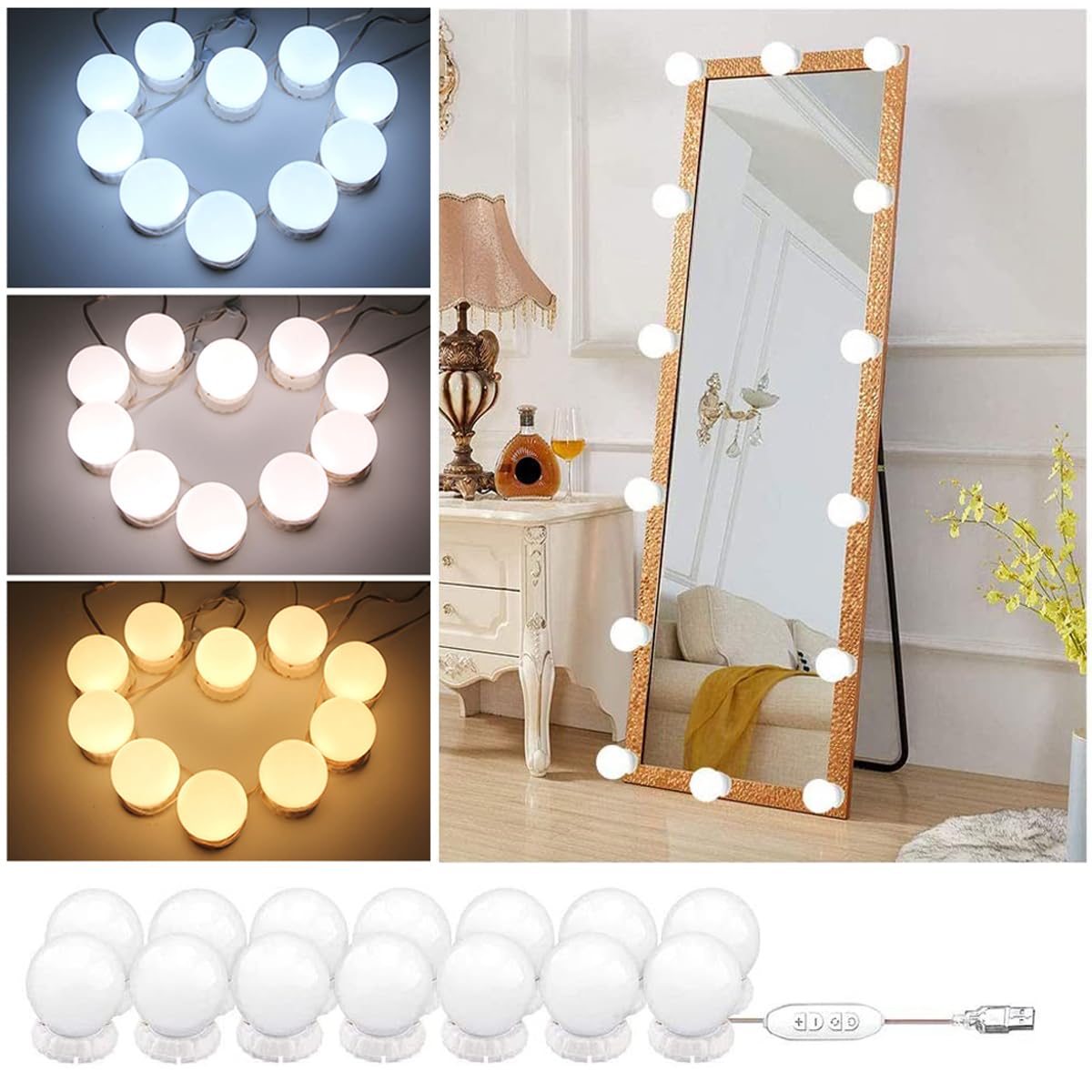Mirror Lights Hollywood Style Makeup Vanity Lights for Mirror, 14 Dimmable Bulbs Vanity Lights Strip kit for Makeup Bathroom Wall Mirror Body Gift, 3 Color Modes (Mirror & USB Charger Not Include)