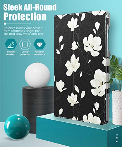 MoKo Case Compatible with Galaxy Tab S6 Lite 2020, Slim PU Tablet Shell Cover Stand Case with Auto-Wake S-Pen Holder Fit Samsung Galaxy Tab S6 Lite 10.4 2020 SM-P610/P615 ONLY - Black & White Magnolia