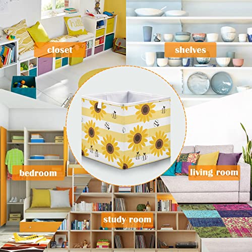 ALAZA Collapsible Storage Cubes Organizer,Sunflower Bee Cartoons White Yellow Stripe Storage Containers Closet Shelf Organizer with Handles for Home Office