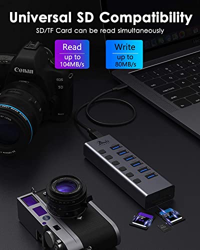 LIONWEI Universal 8-Port Powered USB 3.0/USB C Hub, Aluminum USB Splitter with 6 USB 3.0 Data Ports, SD/TF Card Readers, On/Off Power Switches, AC Adapter