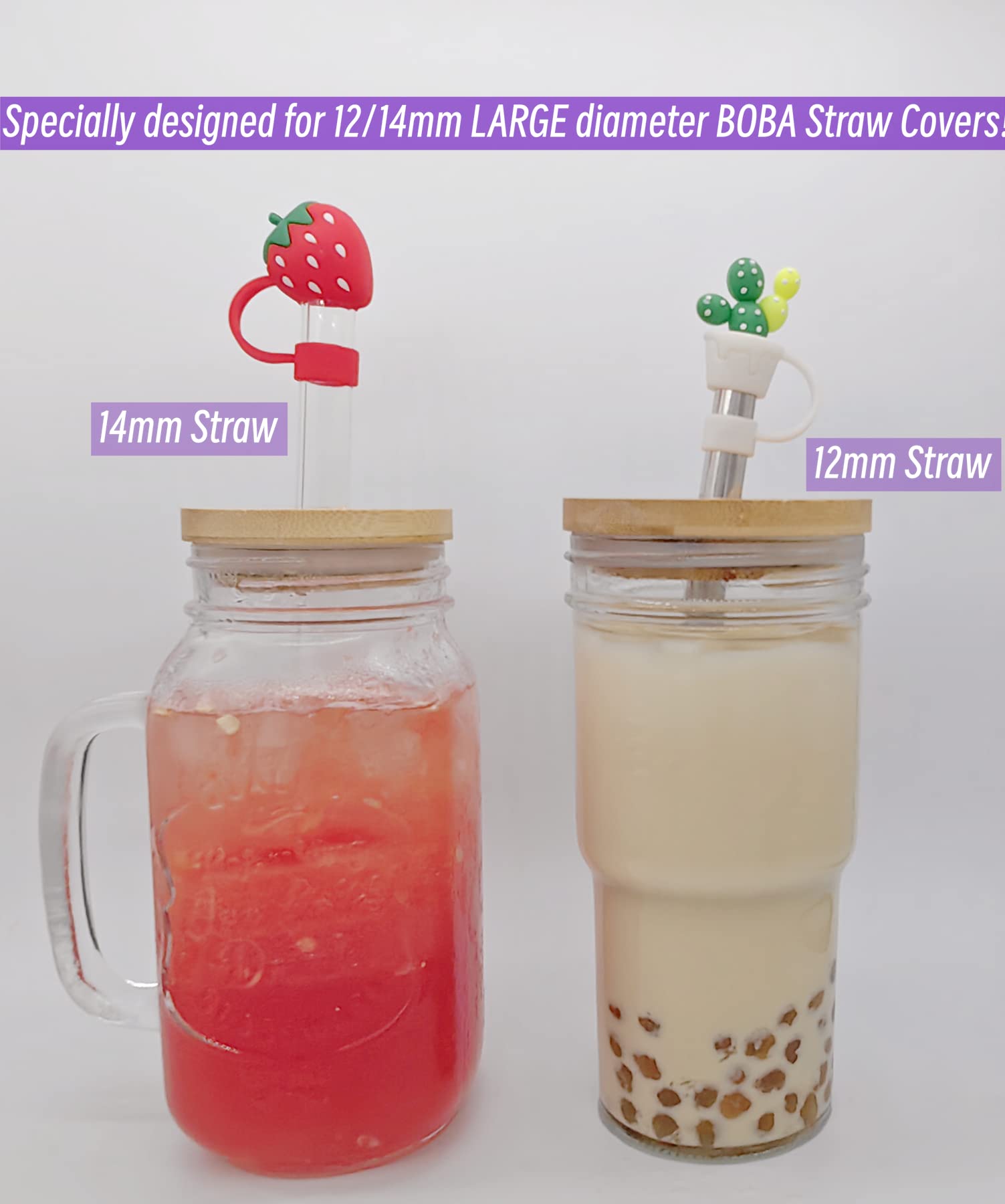 4PCS Straw Covers for Boba Straws, 12mm & 14mm Silicone Straw Tips for Wide straws Large straws Jumbo Straws Smoothie Straws Reusable Straws Glass Straw Silicone Straws