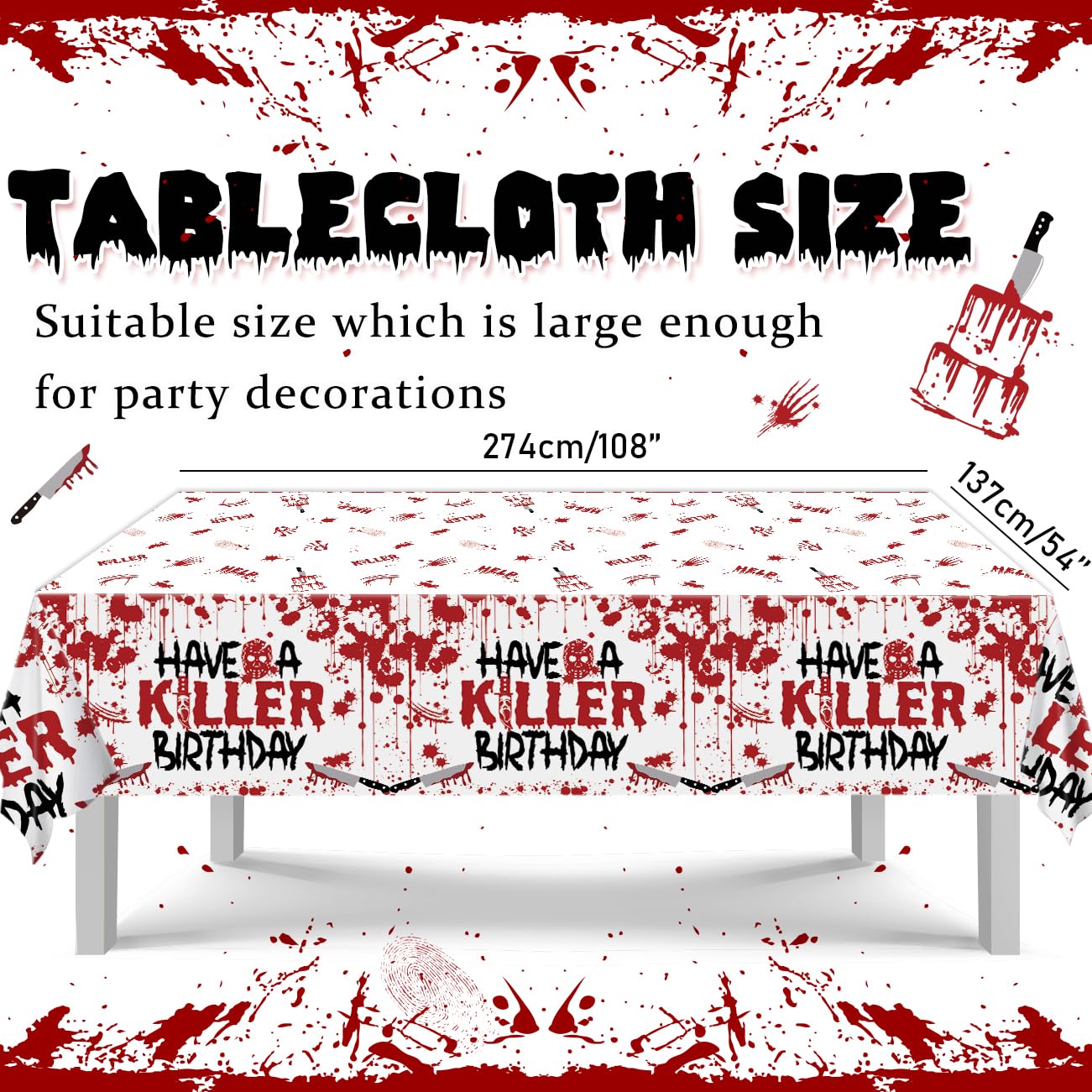 3PCS Halloween Birthday Party Decorations Halloween Birthday Tablecloths Have a Killer Birthday Table Cover Rectangular Plastic Scary Bloody Hand Table Cloth for Halloween Birthday Party Supplies