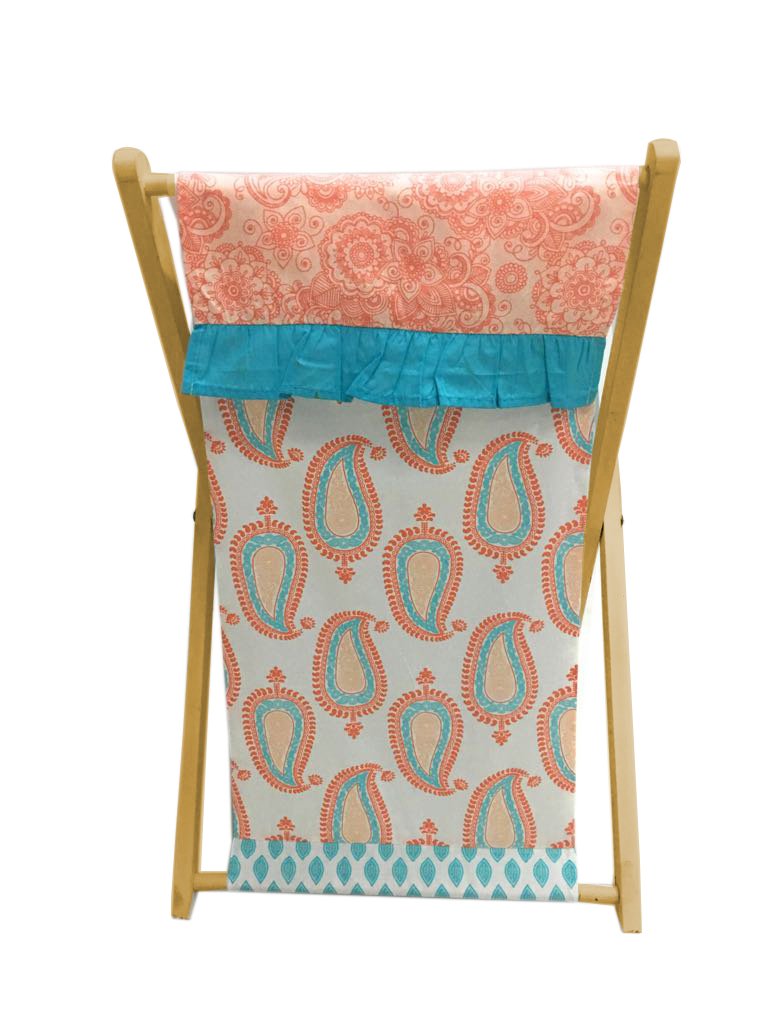 Bacati - Paisley Kids Storage (Laundary Hamper with Wooden Frame and Mesh Liner, Coral/Aqua)