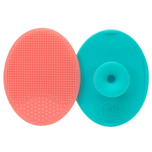 S&T INC. Face Scrubber for Skin Care, Silicone Face Exfoliator, 2 Pack, Coral/Teal