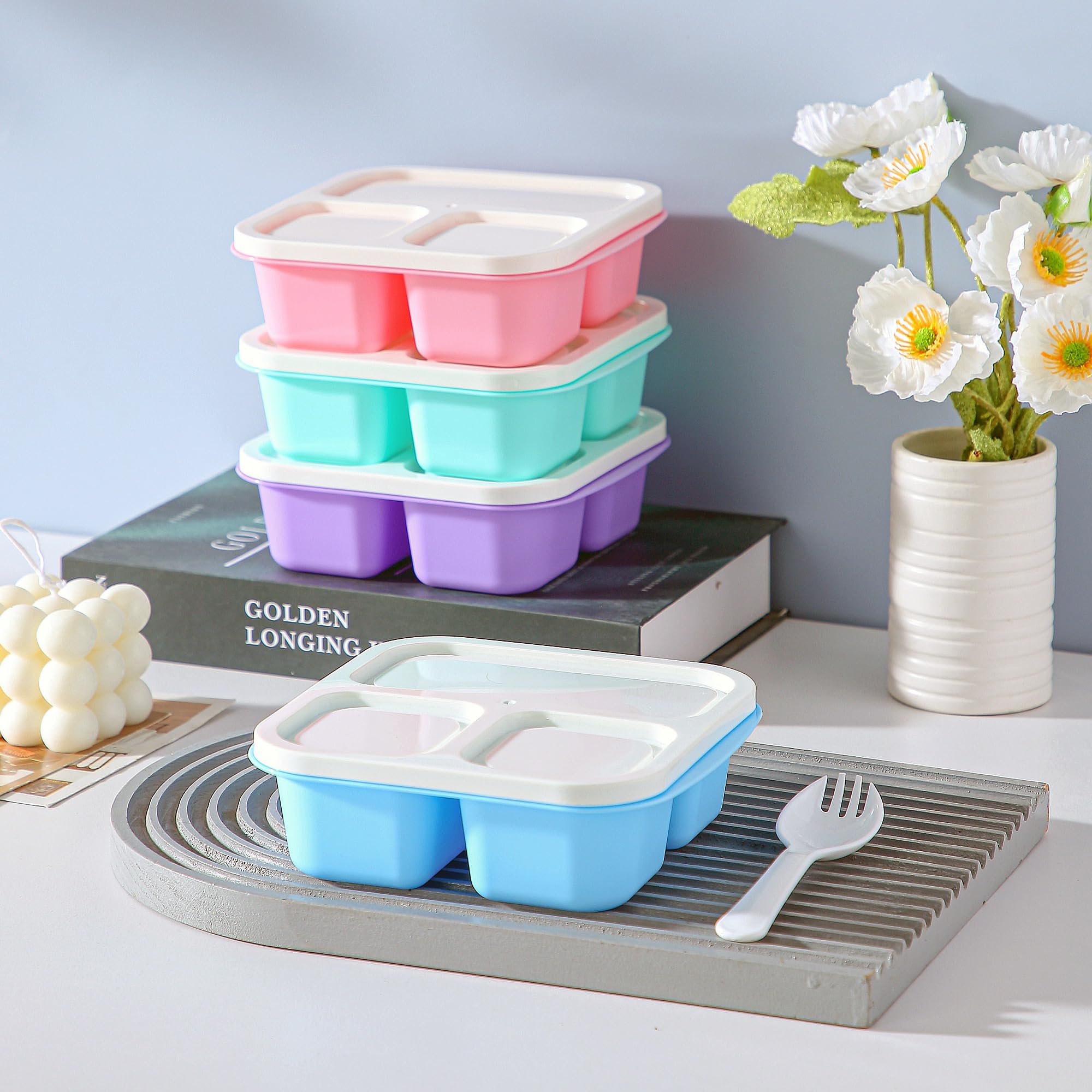 4 Pack Bento Box For Kids, 3 Compartments Bento Snack Box Meal Prep Containers For Adults, Lunchable Container for Kids, Reusable Food Storage Containers Snack Containers for School, Work, Travel