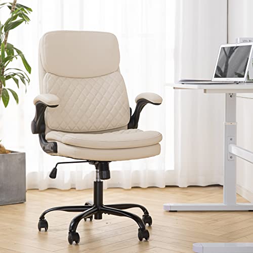 COLAMY Office Chair High Back Executive Computer Chair-Ergonomic Home Office Chair with Padded Flip-up Arms, Adjustable Height and Tilt Lock, Swivel Task Chair with Thick Leather for Comfort, Ivory