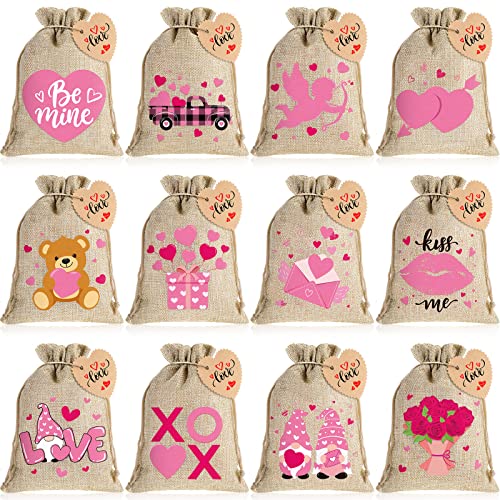 24 Pieces Valentine's Day Candy Gift Bags Heart Small Gift Bags Drawstring 7 x 5 Inch Burlap Party Bags with Tags Wedding Pouches Wedding Favor Drawstring Bags for Valentine's Day Wedding DIY Favors