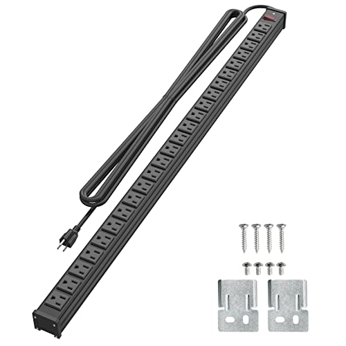 24 Outlet Metal Power Strip, Extra Long Heavy Duty Power Strip with 10FT Extension Cord, Mountable Power Strip for Warehouse Garage Workench, ETL Listed, Black