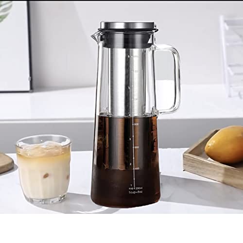 Cold Brew Coffee Maker with Lid and Handle 47oz / 1.4 Liter, Durable Glass Pitcher Carafe, Stainless Steel Mesh Filter Infuser, Dishwasher Safe, for Iced Coffee, Cold Brew, Juice, Tea & More