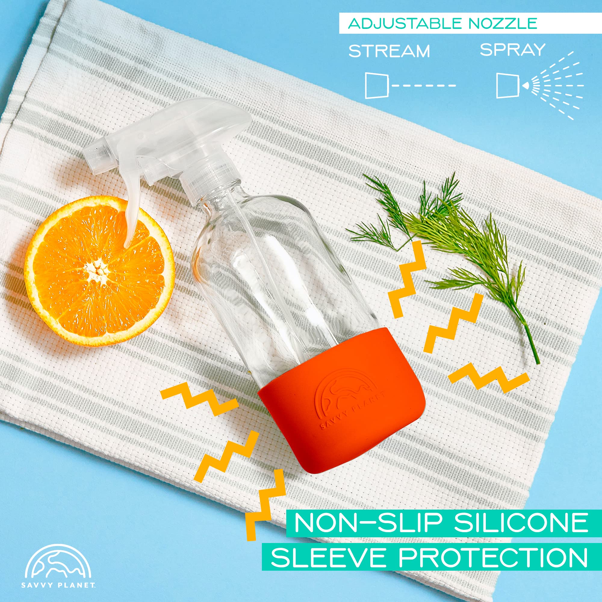 SAVVY PLANET Empty Clear Glass Spray Bottles with Silicone Sleeve Protection - Refillable 16 oz Containers for Cleaning Solutions, Essential Oils - Quality Sprayer - 2 Pack (White & Gray)