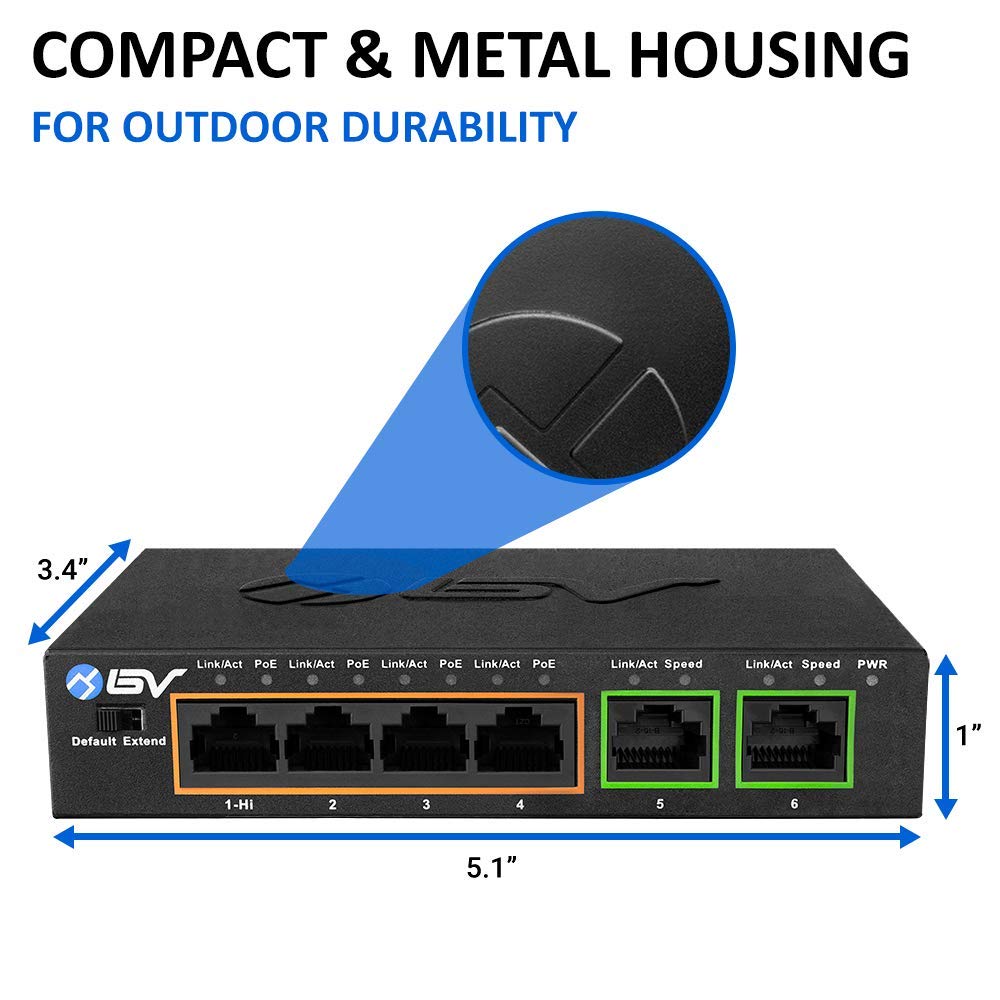 BV-Tech 6 Port PoE+ Switch (4 PoE+ Ports with 2 Ethernet Uplink and Extend Function) – 60W – 802.3at + 1 High Power PoE Port| Desktop Fanless Design | Plug & Play | Sturdy Metal Housing