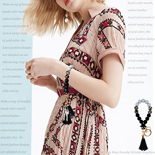 BIHRTC Silicone Key Ring Bracelet Wristlet Beaded Keychain Bracelet Key Chains Elastic Keyring Bangle for Women House Car Key Ring Holder Bangle Chain Leopard Keychain Wristlet