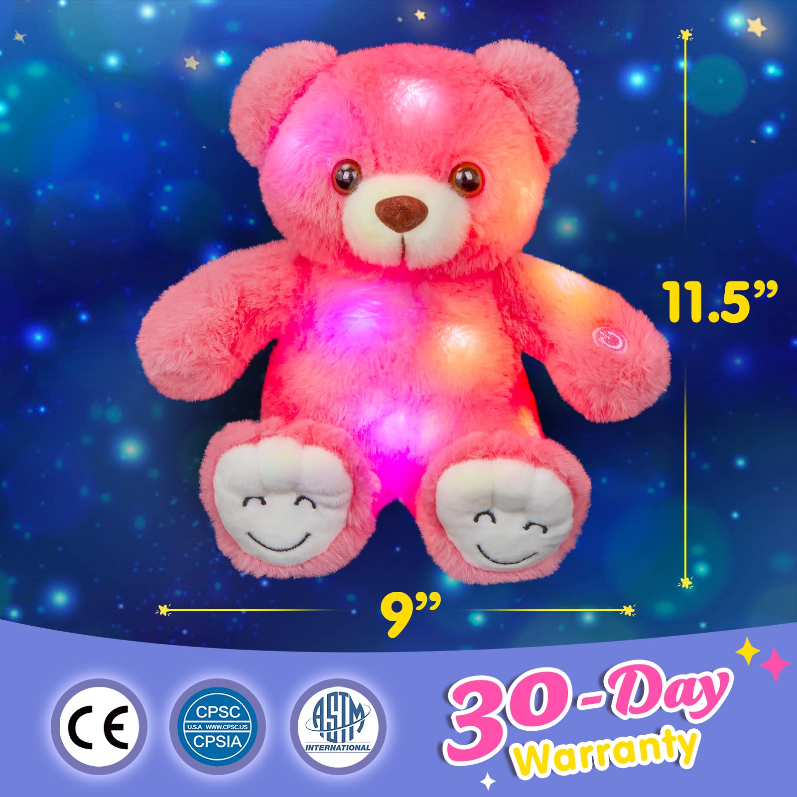 BSTAOFY Light up Plush Bears Gentle Smile Stuffed Animal Soft Fur Nightlight Toy Valentine's Day Gifts for Kids Birthday, 11.5"