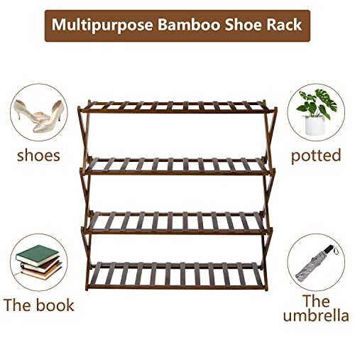 ALEAVIC Foldable Bamboo Shoe Rack, 4-Tier Shoe Rack, Installation-Free Shoe Rack, Multifunctional Freestanding Shoe Rack for Closet, Entryway, Balcony, Living Room, Bedroom, Brown