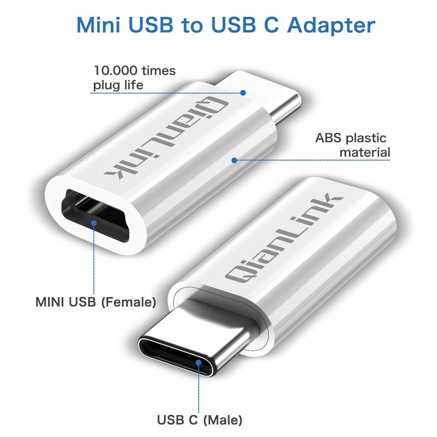 Mini USB to USB C Adapter, (2-Pack) Mini USB Female to USB C Male Convert Charging & Data Sync Compatible with Samsung Galaxy S10 S9 S8 Plus Note 9 8, LG V40 V35 V30 V20 G7 G6 G5,Moto Z2 Z3