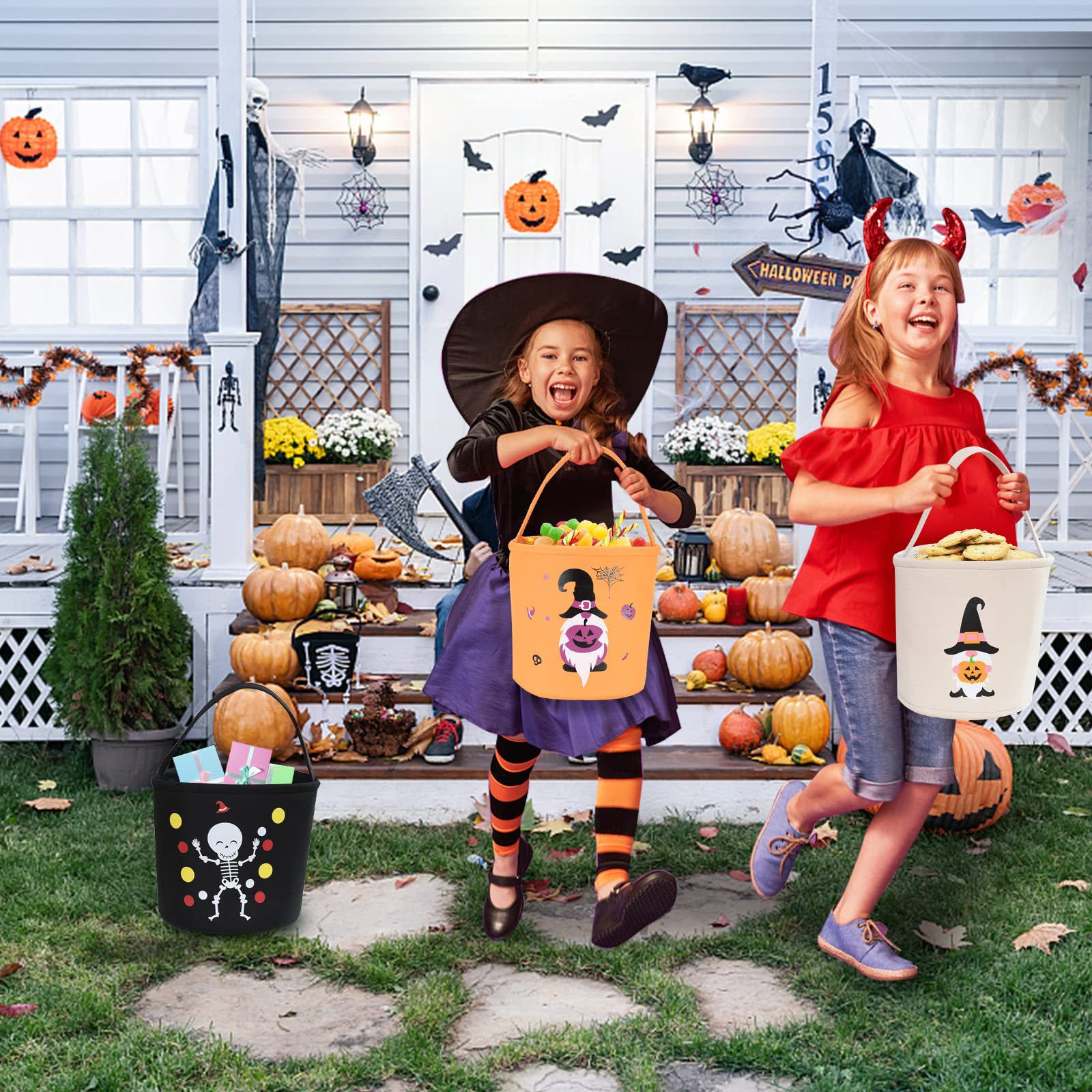 3 Pack Halloween Trick or Treat Treating Buckets Candy Basket Tote Bag for Kids Cute Bags Gnomes