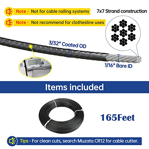 Muzata 165feet Wire Rope Black Vinyl Coated 1/16" Overmolded to 3/32" Stainless Steel Aircraft Cable7x7 Strand String Hanging DIY Outdoor Indoor WR10 WP1