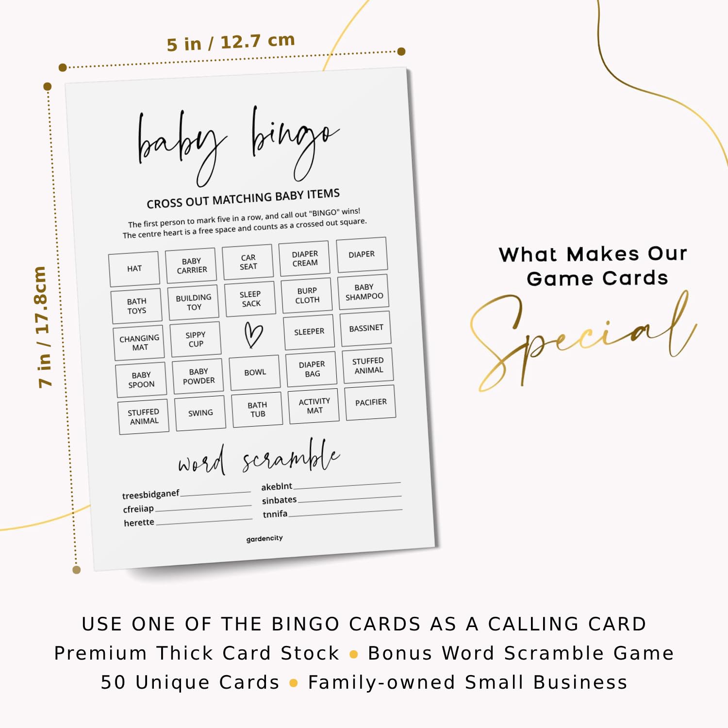 Baby Shower Bingo Game (50 Unique Cards), Pre-Filled, Baby Shower Games, Added Word Scramble (Minimalist)