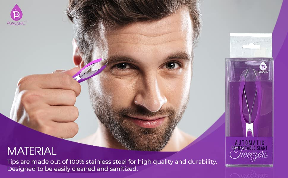Pursonic | Auto Retractable Tweezers for Eyebrows, Ingrown Hair & Facial Hair, Durable Stainless Steel Material - Features Spotlight & Smart Grab System