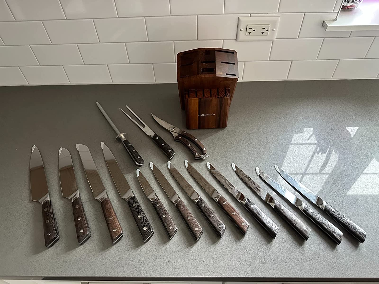 21 Packs Knife Set with Block, 2023 Kitchen Knife Set Sharpener Rod & Finger Guard, Germany High Carbon Stainless Steel Chef Knife Block Set, Ultra Sharp Forged, Brown