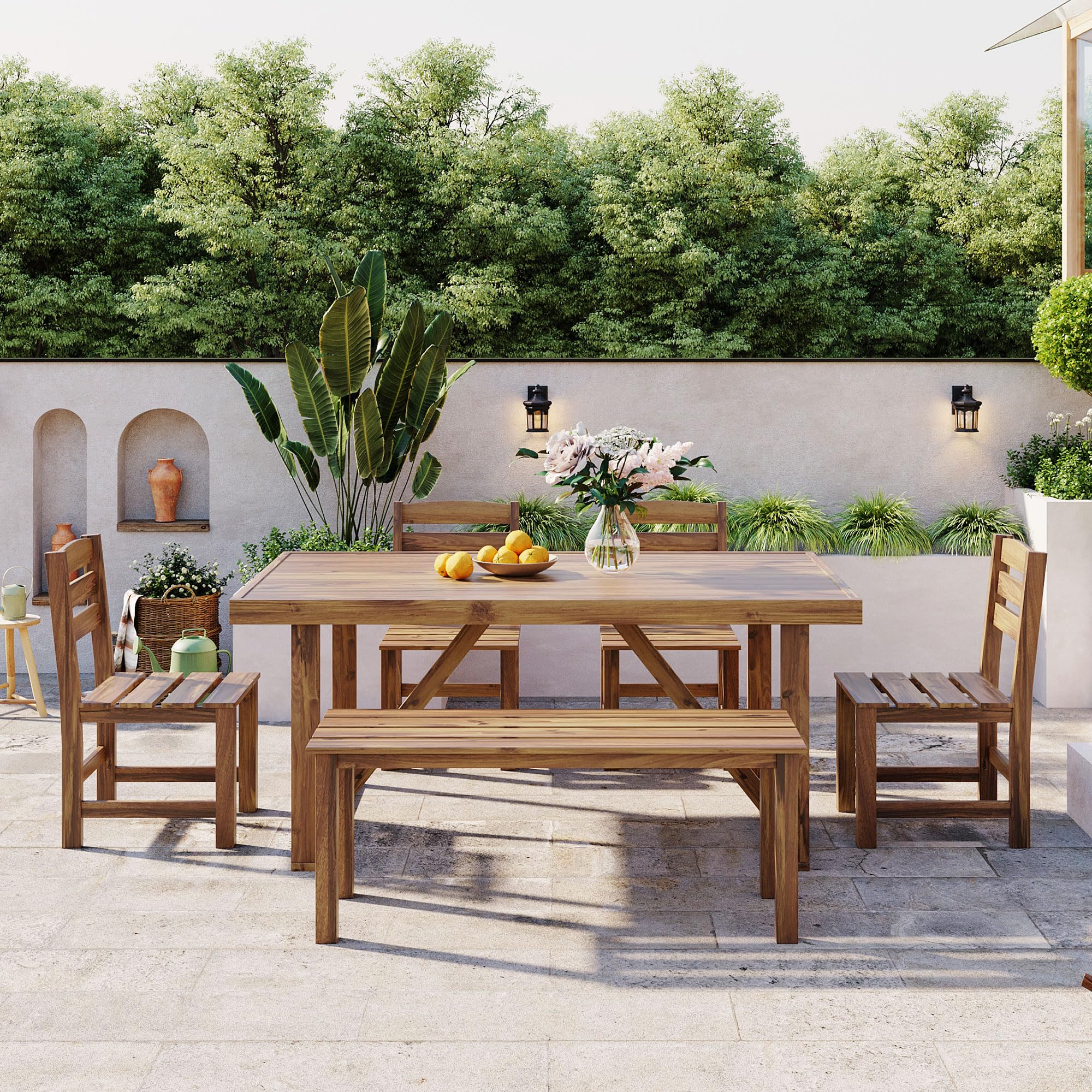 6 Person Outdoor Acacia Wood Dining Table Set, All Weather 6 Pieces Conversation Set, 60'' Rectangle Dining Table with 4 Chairs and Bench for Patio Backyard Garden Poolside Balcony (Natural-26)