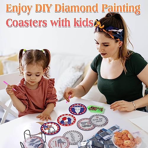 Billbotk 10 Pieces Independence Day Diamond Painting Coasters, Diamond Art Coasters with Holder, DIY Diamond Art Crafts Projects, Diamond Dots Kits for Adults and Beginners