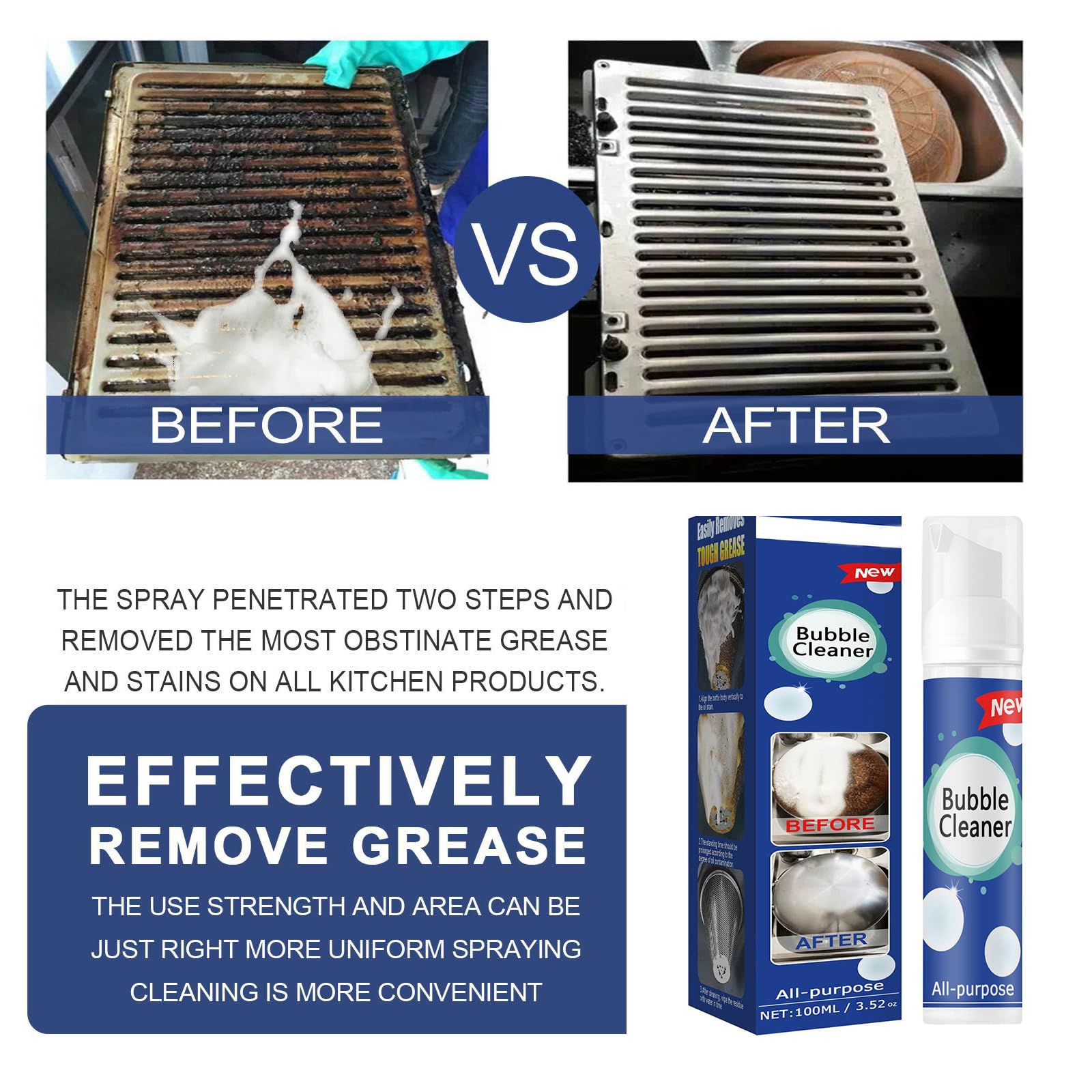 2PCS Foaming Heavy Grease Cleaner, All Purpose Foam Cleansing Foam Spray, Kitchen Power Stain Remover Foam Cleaner, Stubborn Grease Stain Remover Spray, Solid Grease & Stain Remover No Rinse Cleaning Spray