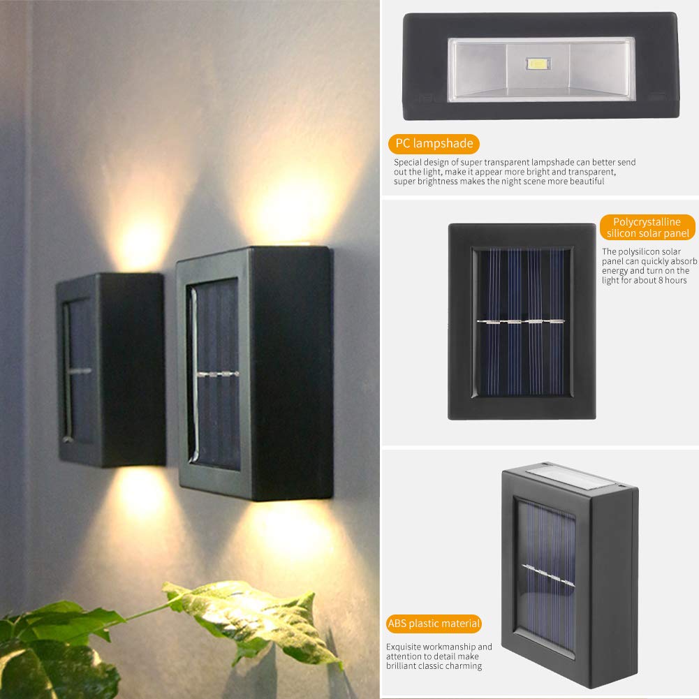 BWWNBY 2 LED Solar Wall Light UP and Down Illuminate Outdoor Sunlight Sensor Lamp Modern Nordic Style Decor for Home Garden Porch(Warm Light)