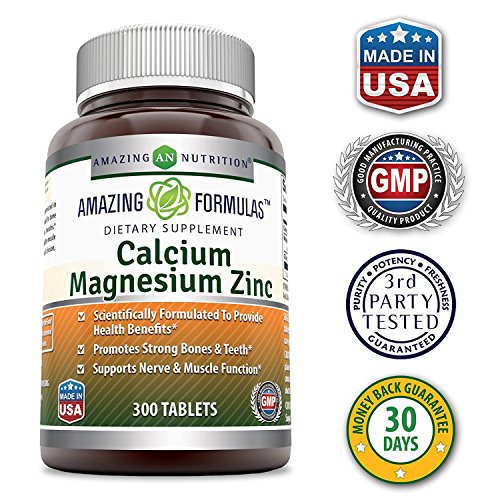 Amazing Nutrition Calcium Magnesium Zinc Dietary Supplement * 300 Tablets Per Bottle * (Calcium- 1000 mg, Magnesium 400mg - Zinc 25mg Per Serving of 3 Tablets)