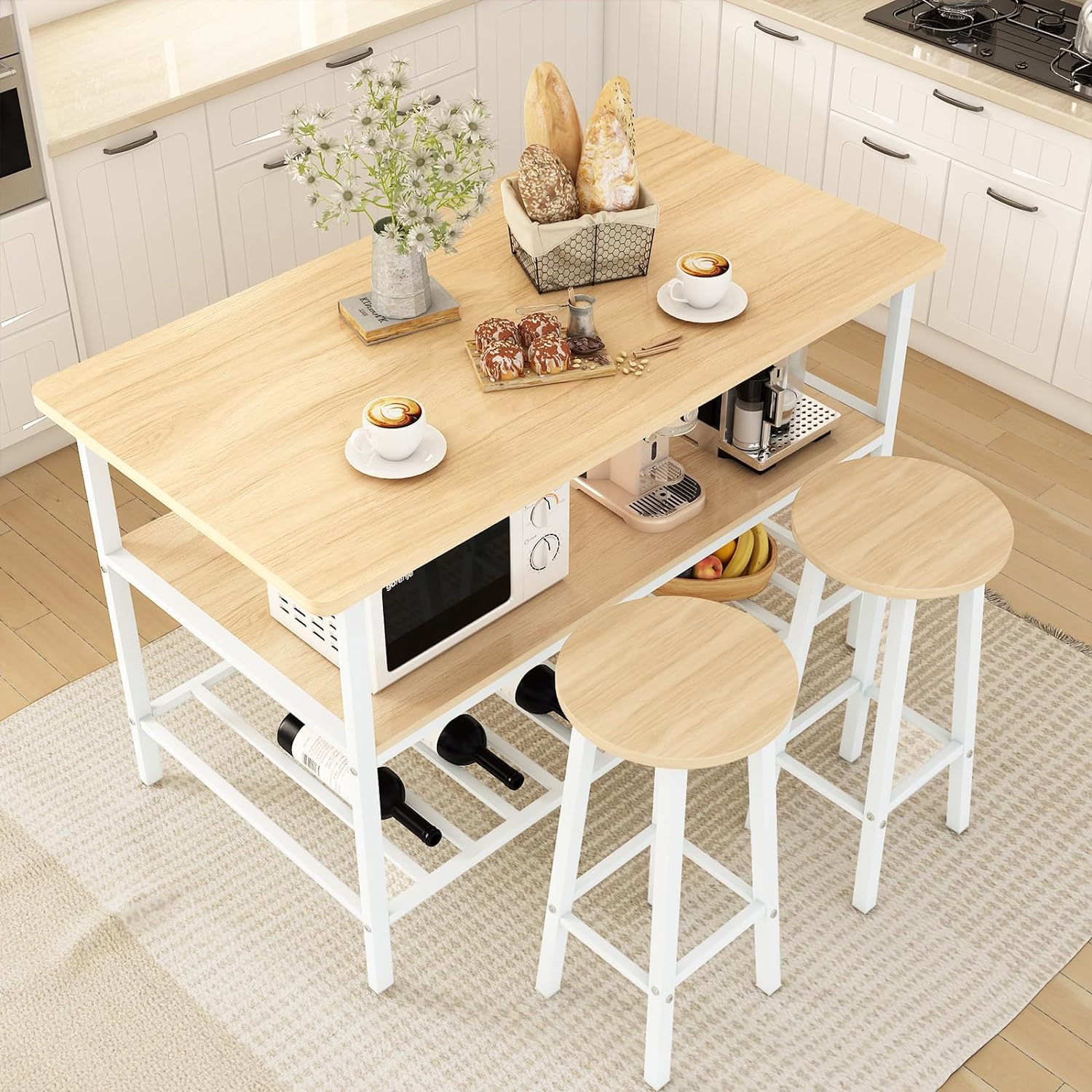 AWQM Island Table with Seating and Storage, Beige, 3 Shelves, Wooden Counter Height Table Top, 2-piece Bar Table Set for Small Space
