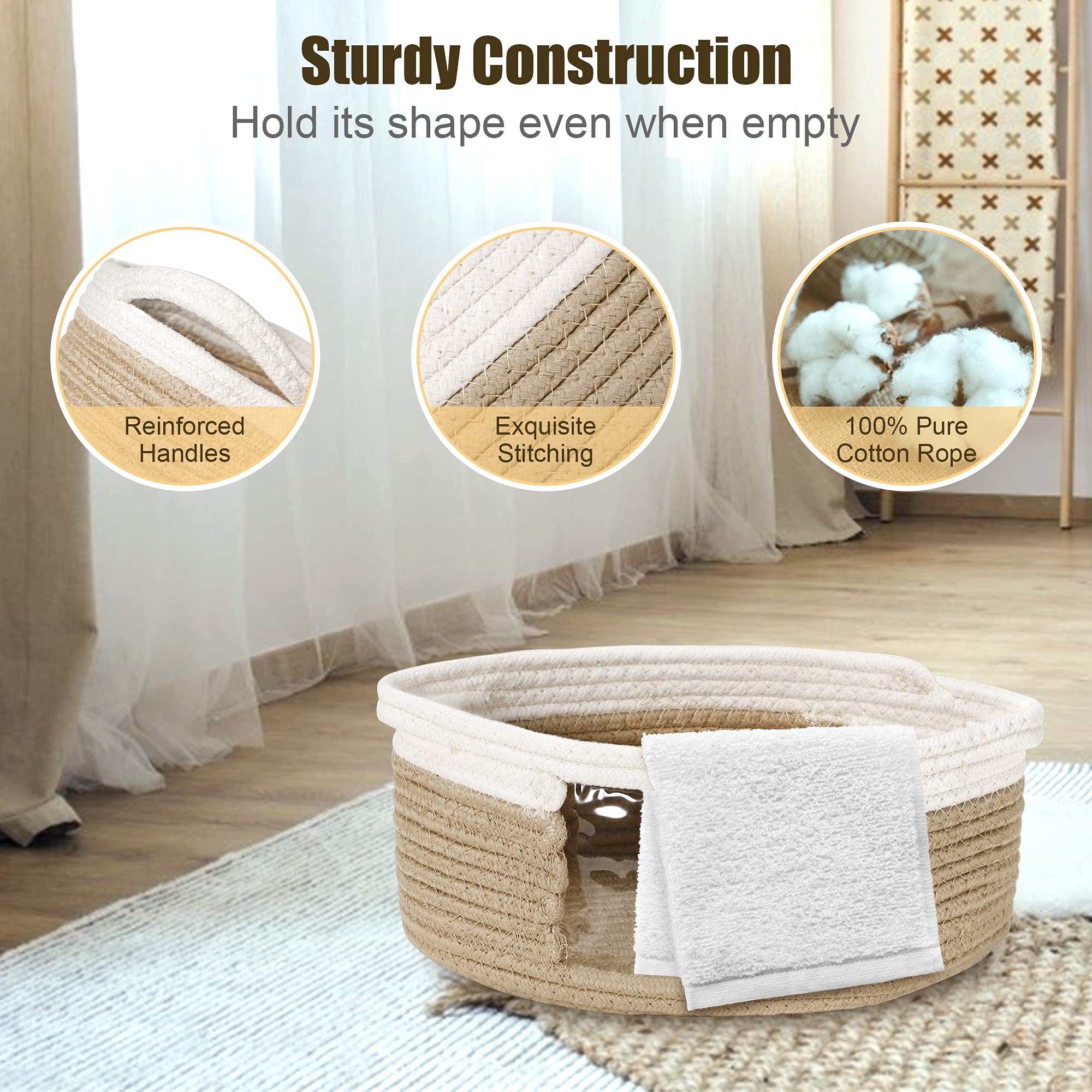 Zannaki Woven Storage Basket, 2 Pack Cotton Rope Baskets, Decorative Organizer Bins with Carry Handles Clear-View Window for Closet, Baby Nursery Blanket, Little Toy, Makeup, Books, Towels, Gadgets