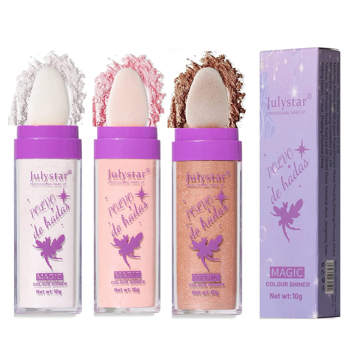 3 Pack Polvo De Hadas Highlighter Makeup Powder,Body and Face Glitter Powder Makeup,the Natural Three-Dimensional Patting Powder Highlighter Stick (White Moonbeam+Fairy Pink+Golden Brown)