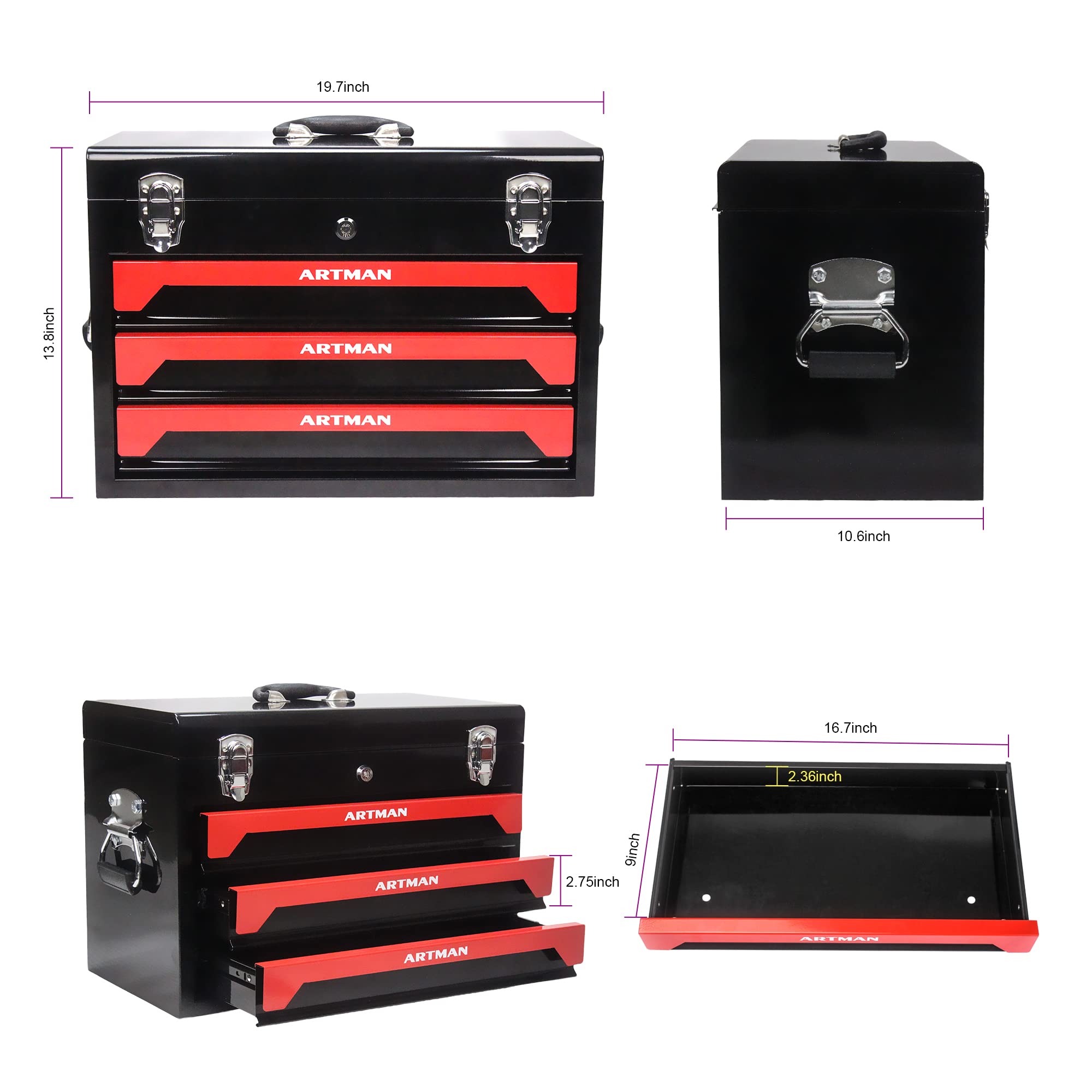 3 Drawer Tool Box with Tool Set - 439 Pieces, Heavy Duty Metal Box with 3 Drawers, Repair Tool Kit for Workshop Maintenance and Repair Items